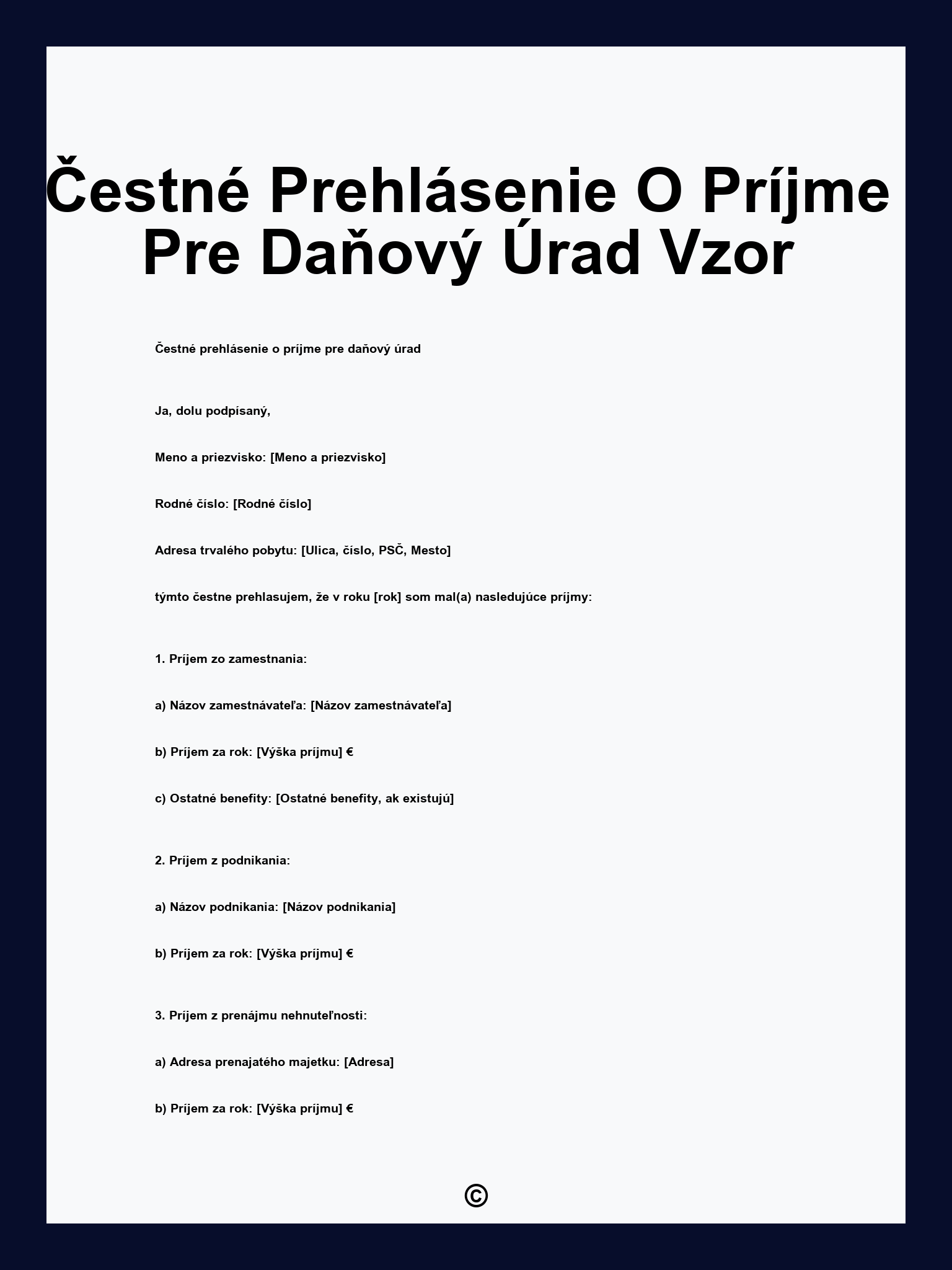 Čestné Prehlásenie O Príjme Pre Daňový Úrad Vzor