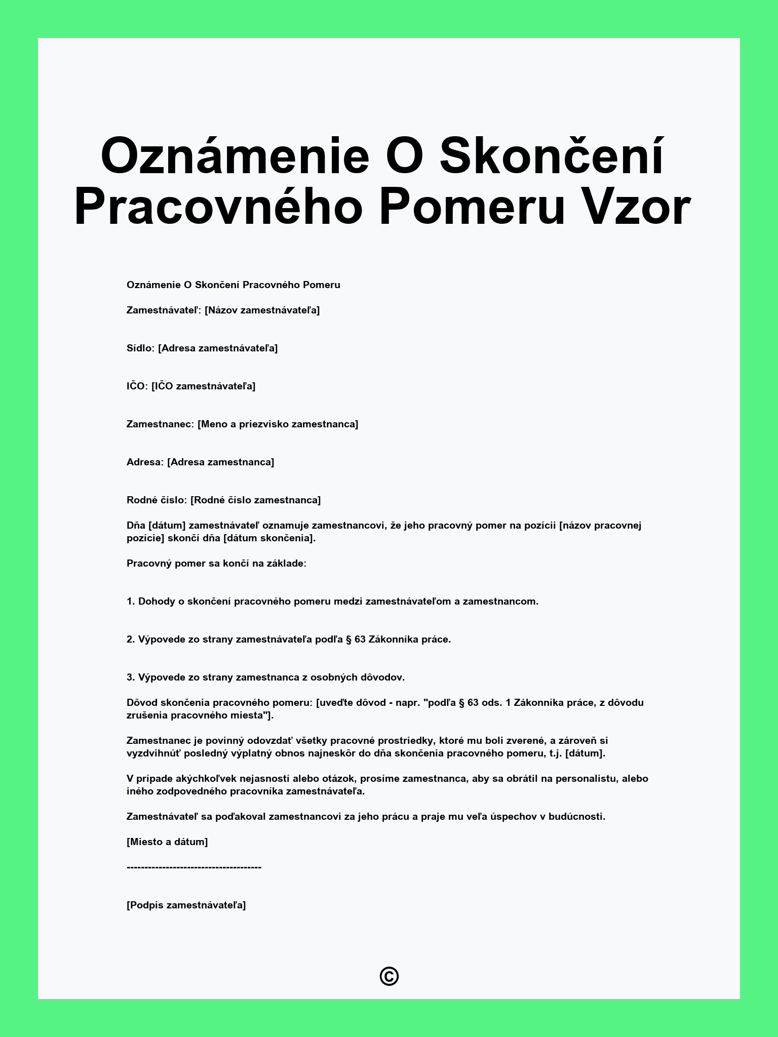Oznámenie O Skončení Pracovného Pomeru Vzor