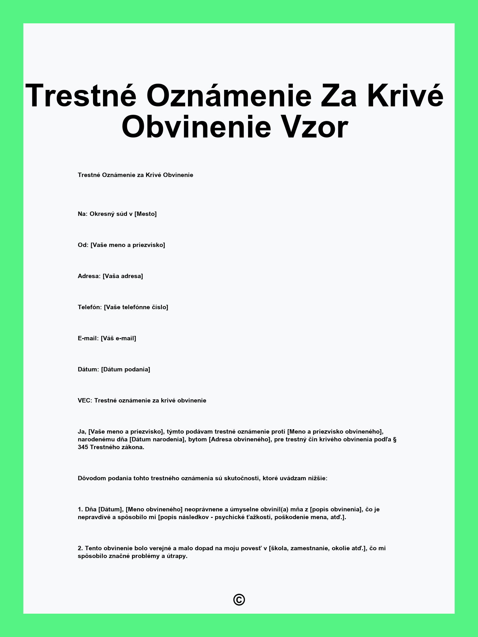 Trestné Oznámenie Za Krivé Obvinenie Vzor