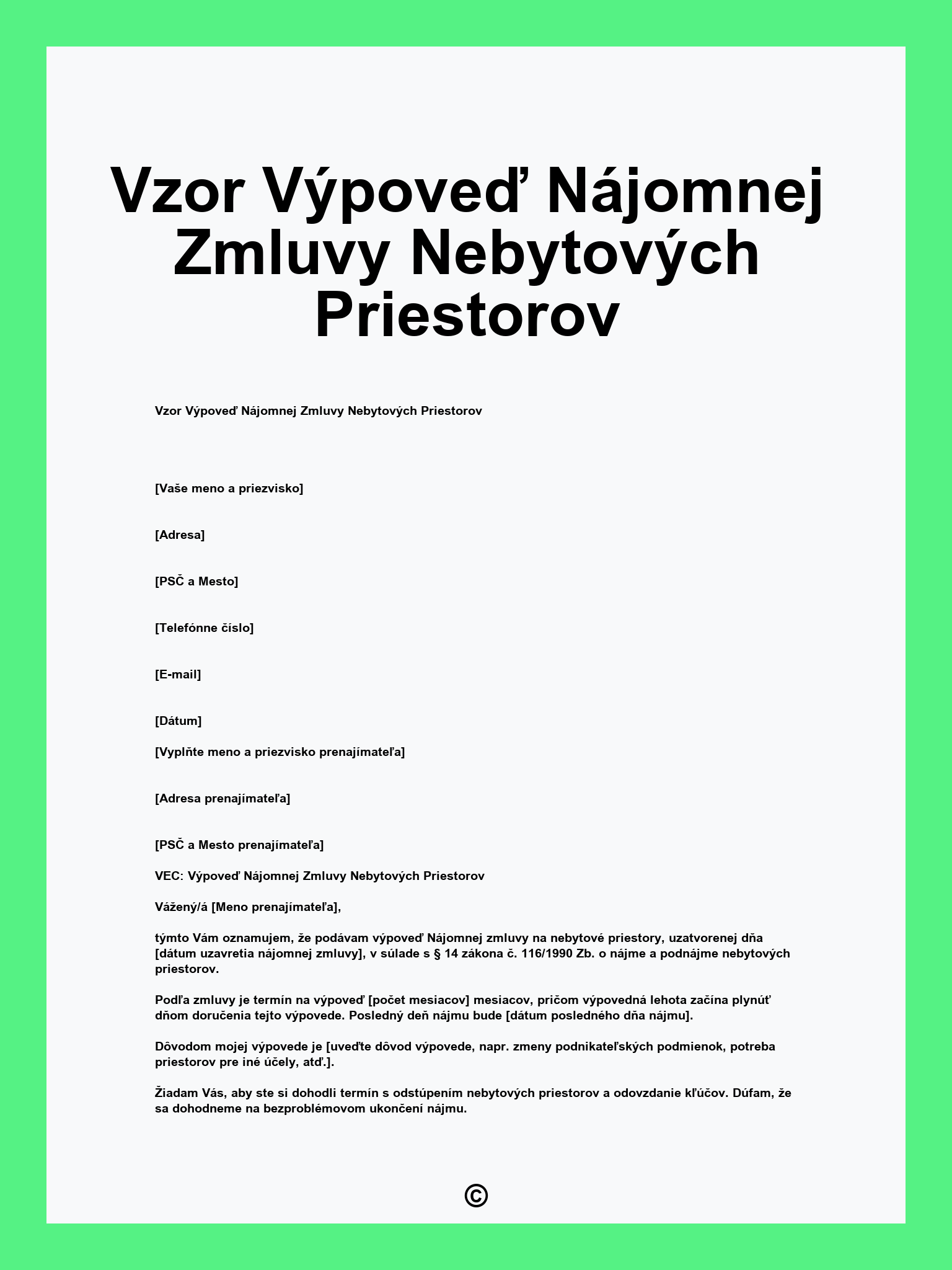Vzor Výpoveď Nájomnej Zmluvy Nebytových Priestorov